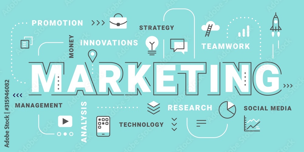 Vector creative illustration of marketing word lettering typogra Stock ...