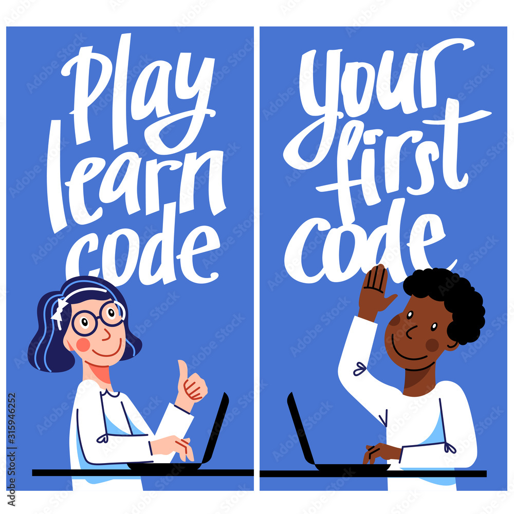 A vertical image for smartphone of a girl and a boy who study coding. A ...