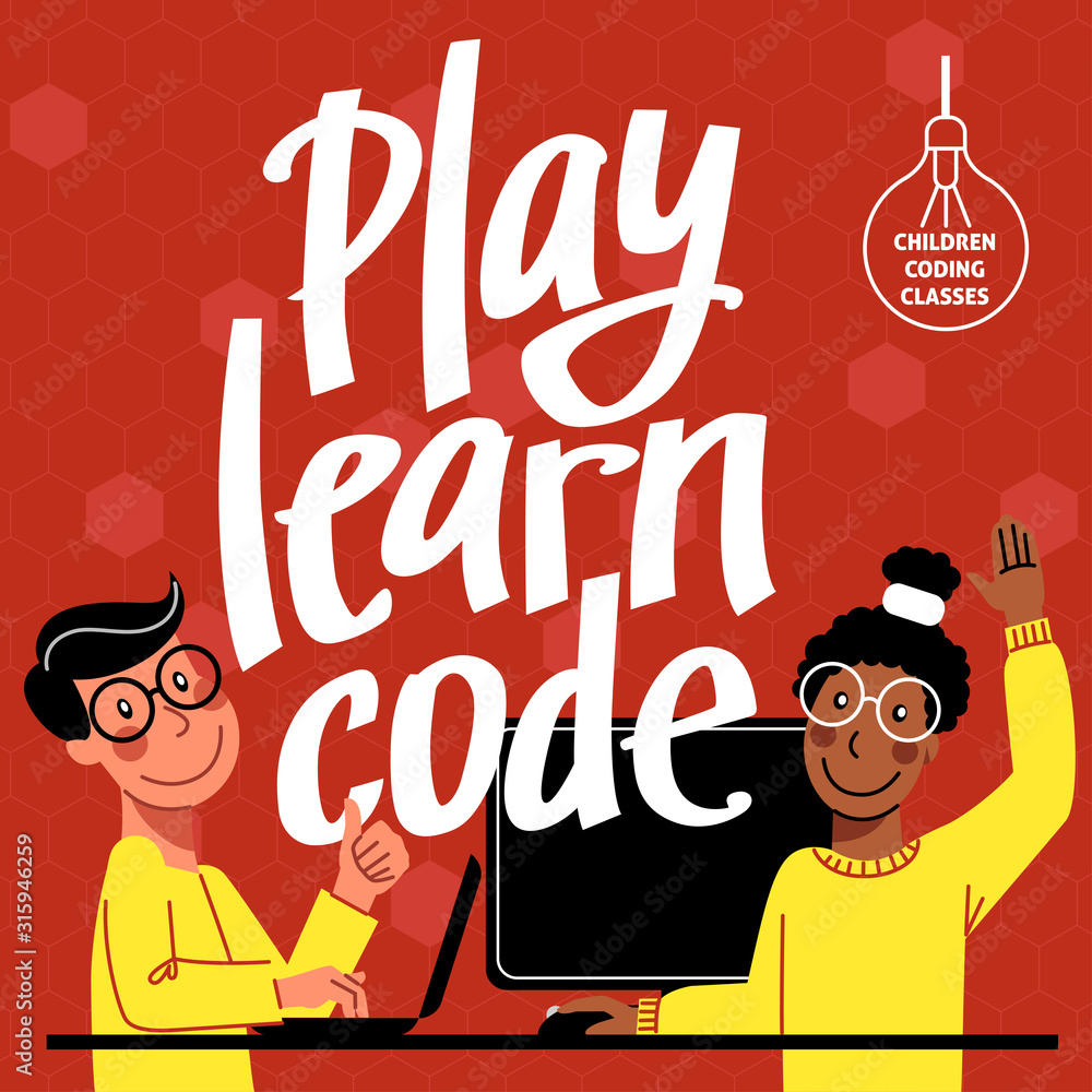 A square image of a boy and a girl who study coding. A vector image for ...