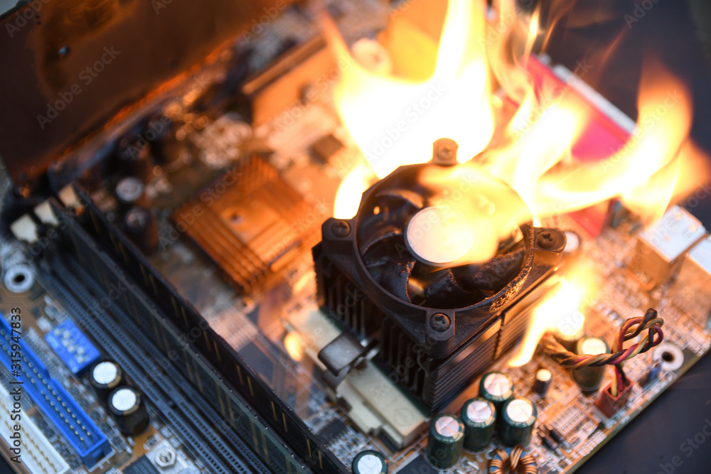 Fire Burning ,blazing computer motherboard, cpu,gpu and video card ...