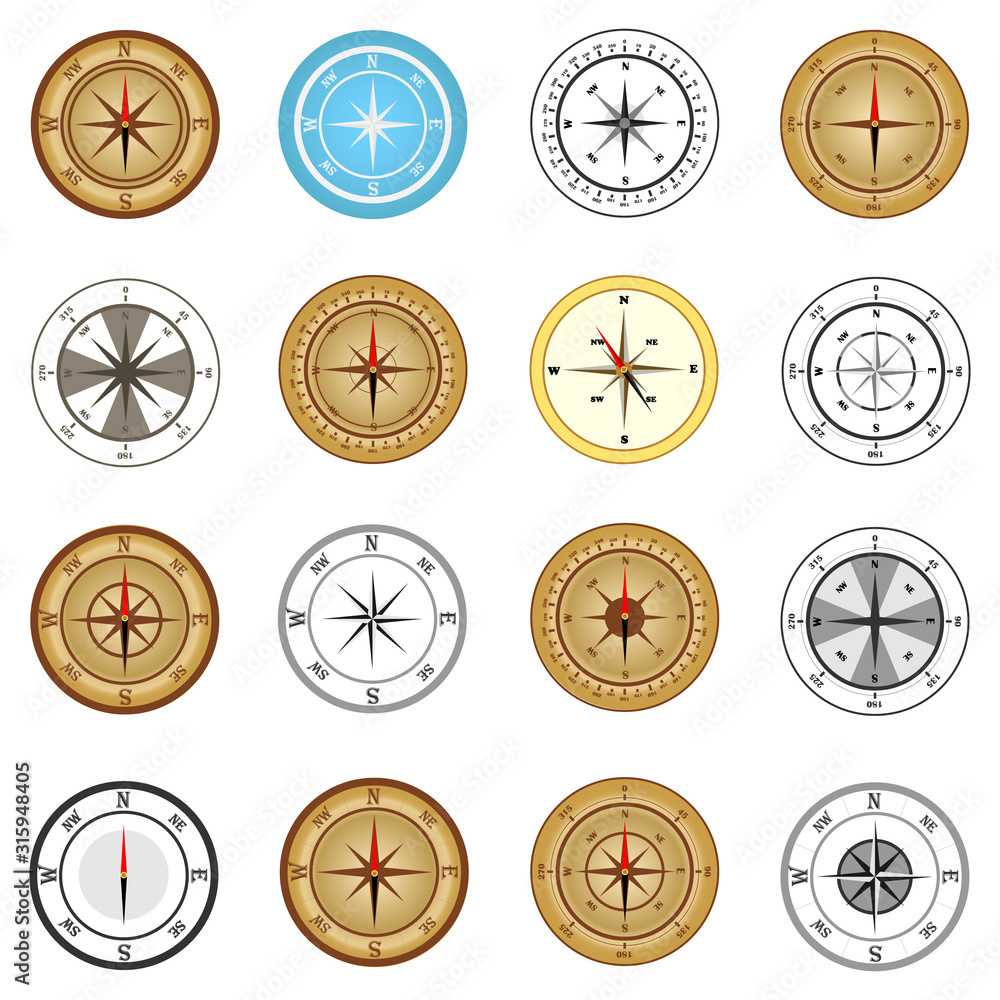 Compass A Large Set Of Navigation Compasses Instrument For Navigation Vector Illustration