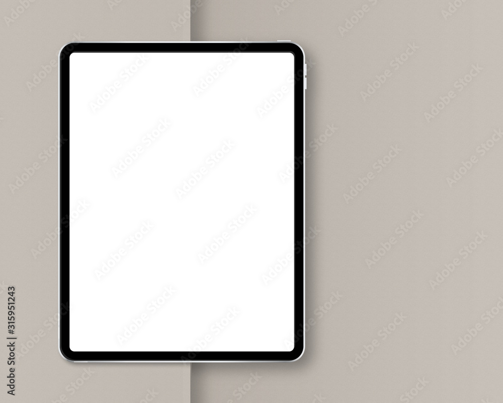 Modern tablet with blank white screen. Vertical tablet mockup with soft ...