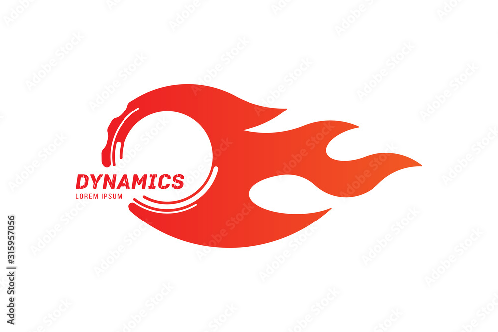Dynamic logo with fire and wheel in motion. Flat vector illustration ...