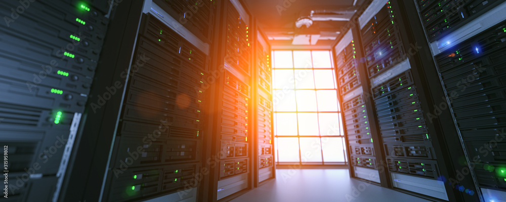 Server units in cloud service data center showing flickering light ...