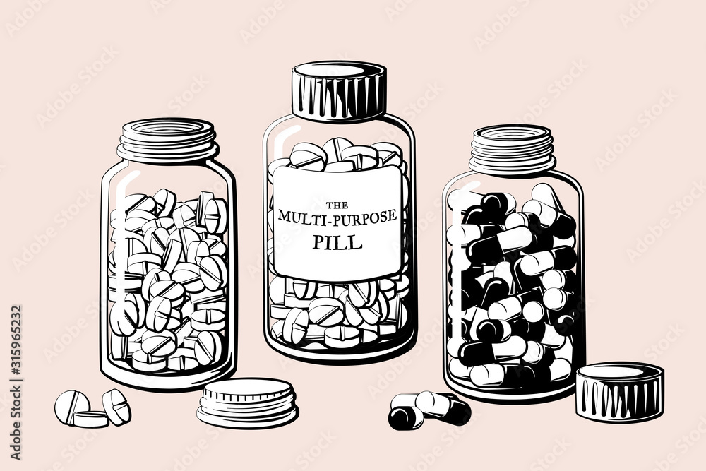 Vintage pill bottles vector illustration. A set of tablet and capsule ...
