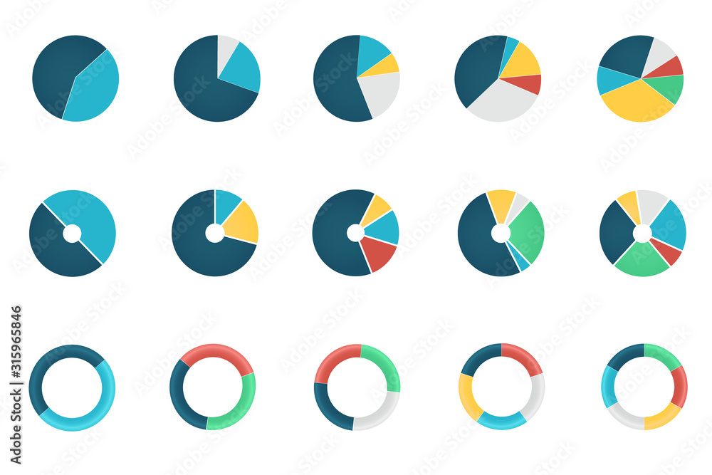 Set of wheel chart icons or round diagrams with various sectors ...