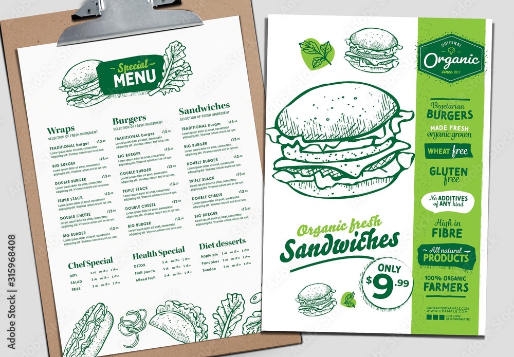 Sandwich Burger Menu Layout with Healthy Organic Theme Stock Template ...