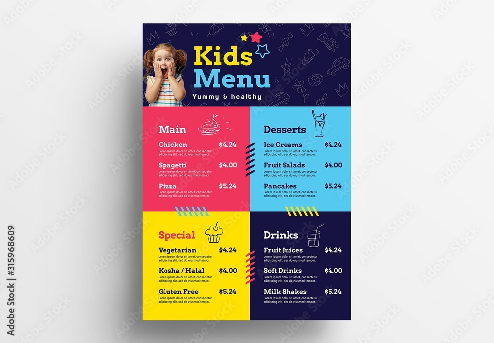 Children's Menu Layout for Kid's Party Events Stock Template | Adobe Stock