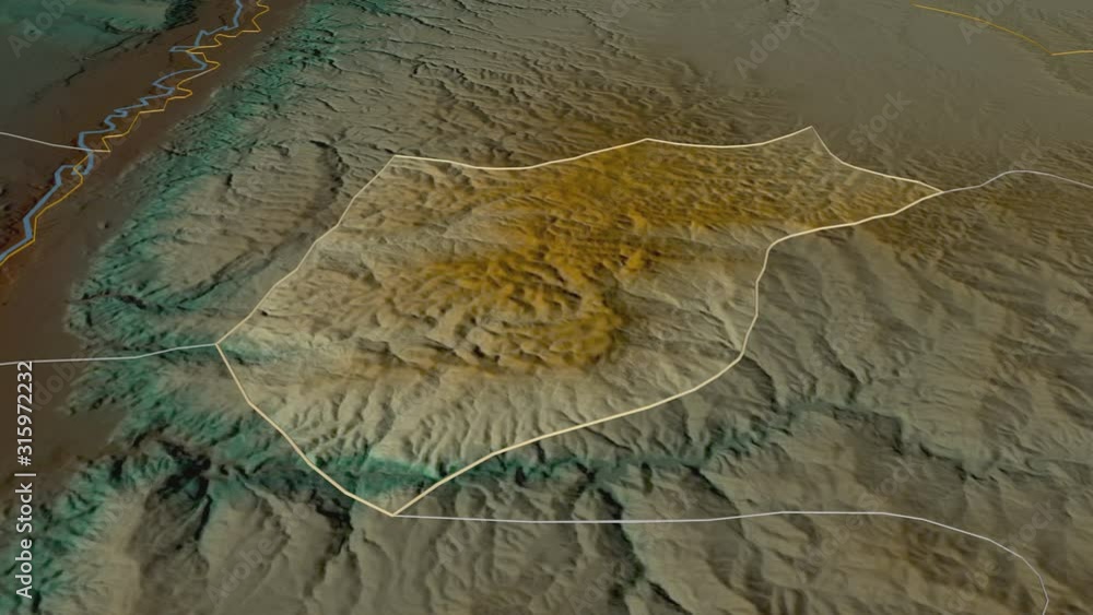 Ajlun, province with its capital, zoomed and extruded on the relief map ...