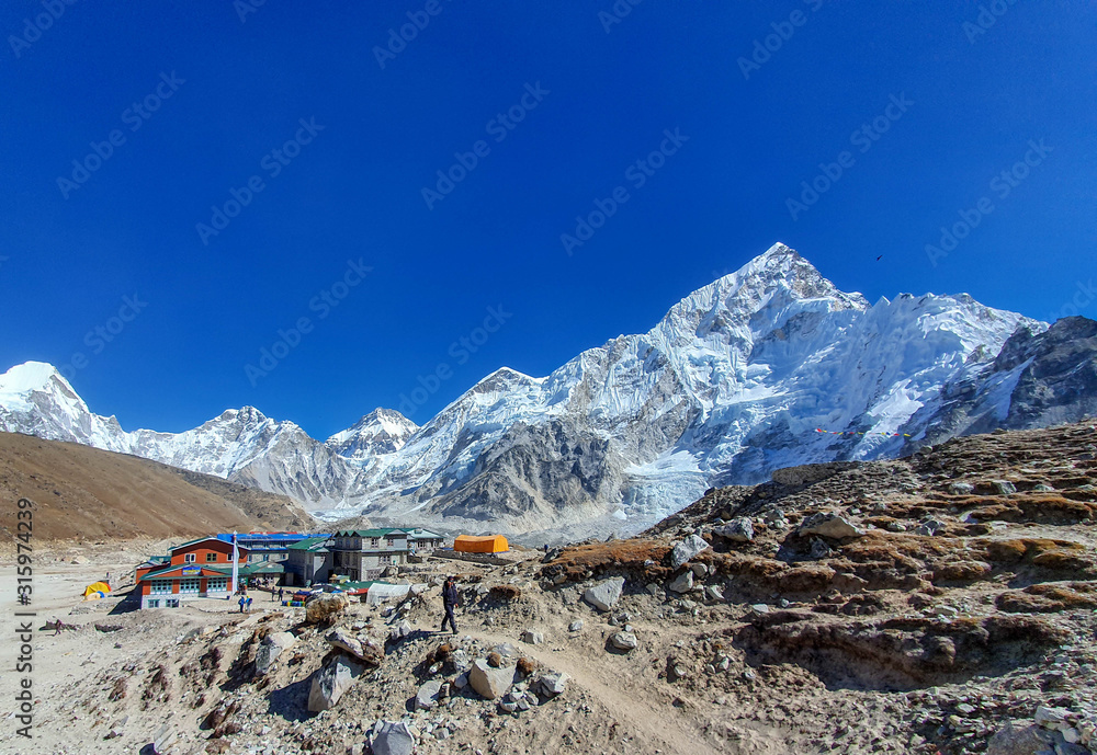 Gorak Shep village and Lhotse mountain on the back side. Everest base ...