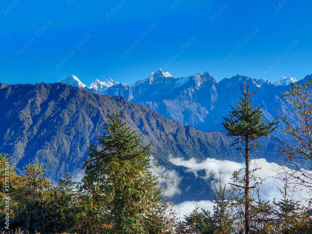 Beautiful morning view at the top of Taksindu La pass. Everest base ...