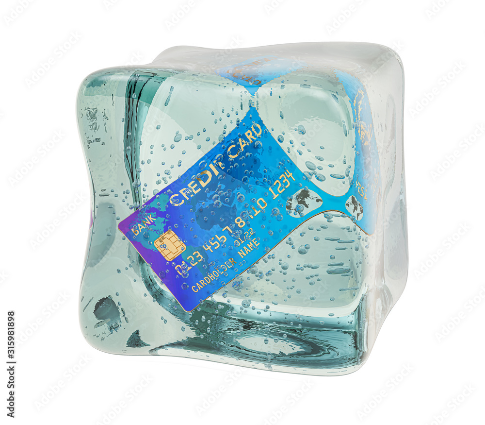 Credit card frozen in ice cube. Frozen Bank Account Concept, 3D ...