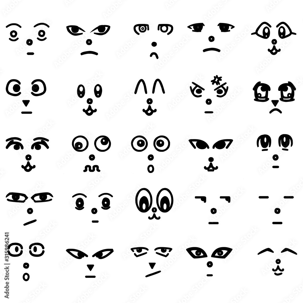 Cartoon kawaii eyes and mouths. Cute emoticon emoji characters in ...