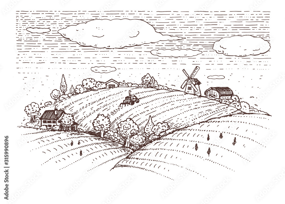 Rural landscape field and hills hand drawn illustration. Doodle sketch ...