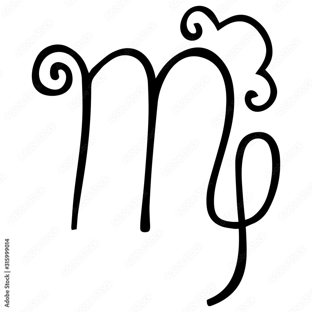 Hand-drawn decorative black Virgo symbol on a white background. Letter ...