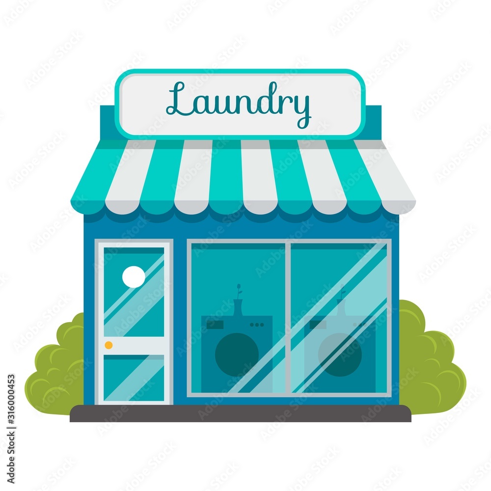 Facade laundry. Signboard with emblem, awning and symbol in windows ...