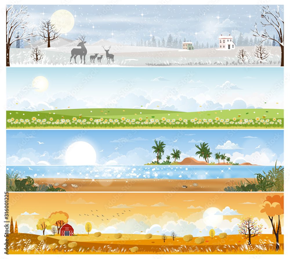 Landscape natural backgrounds of four seasons. Winter wonderland,Spring ...