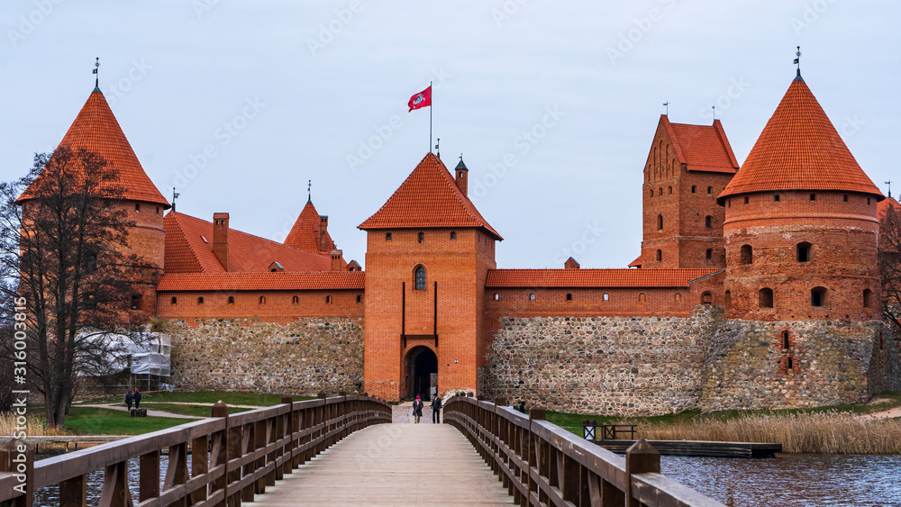 Medieval red brick castle on island in Trakai, Lithuania. Stock Photo ...