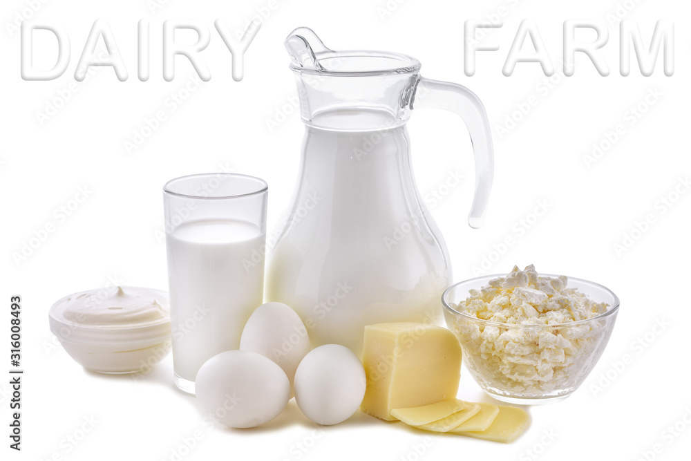 Dairy products on white background. Milk, cottage cheese, sour cream ...