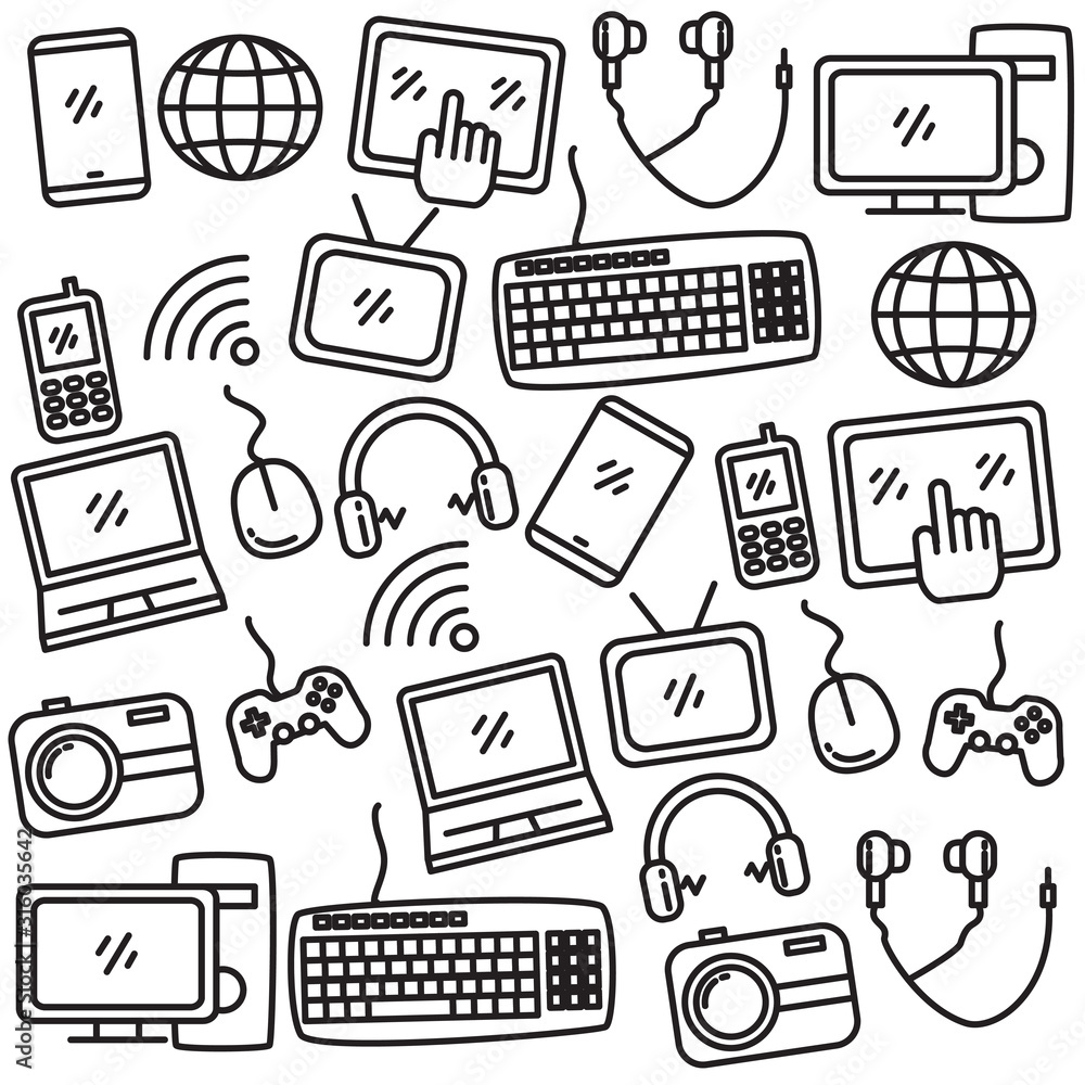 Set of gadget and internet doodle vector illustration such as ...