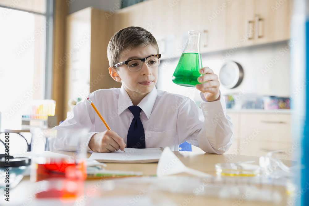 School boy conducting experiment in science classroom Stock Photo ...