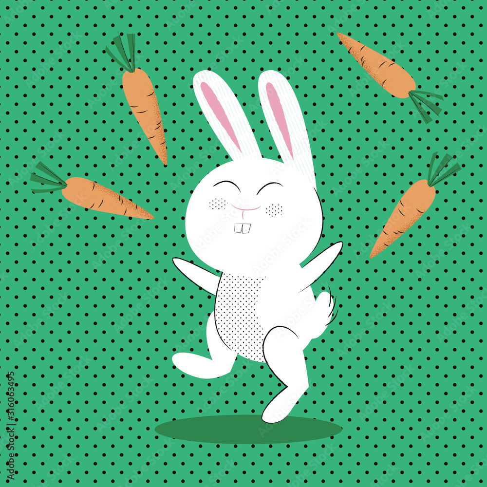White bunny throwing carrots in the air/ Cute gardening illustration ...