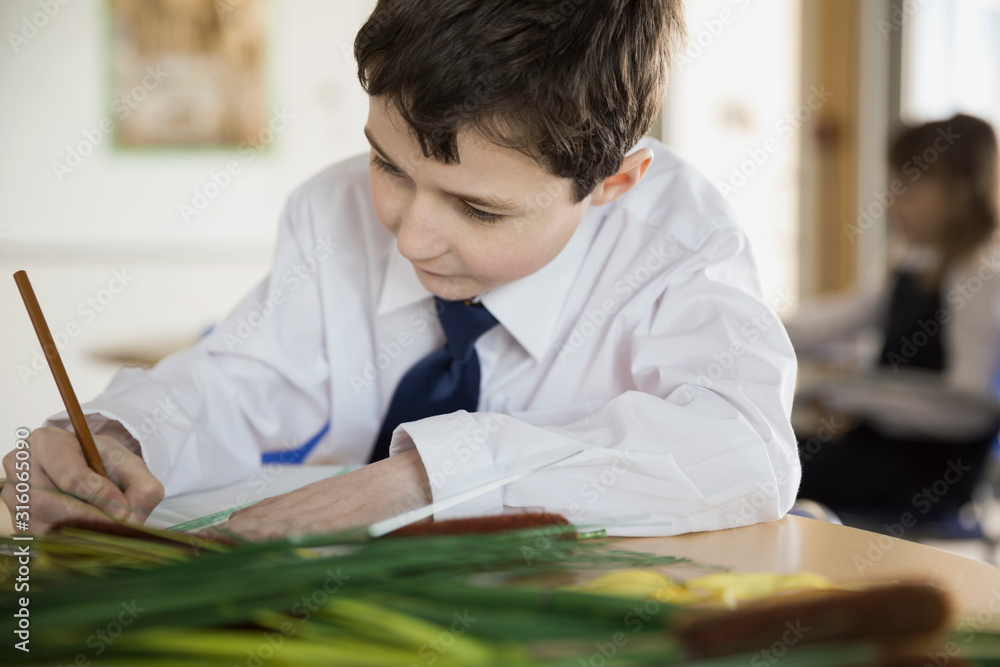 School boy doing homework in classroom Stock Photo | Adobe Stock