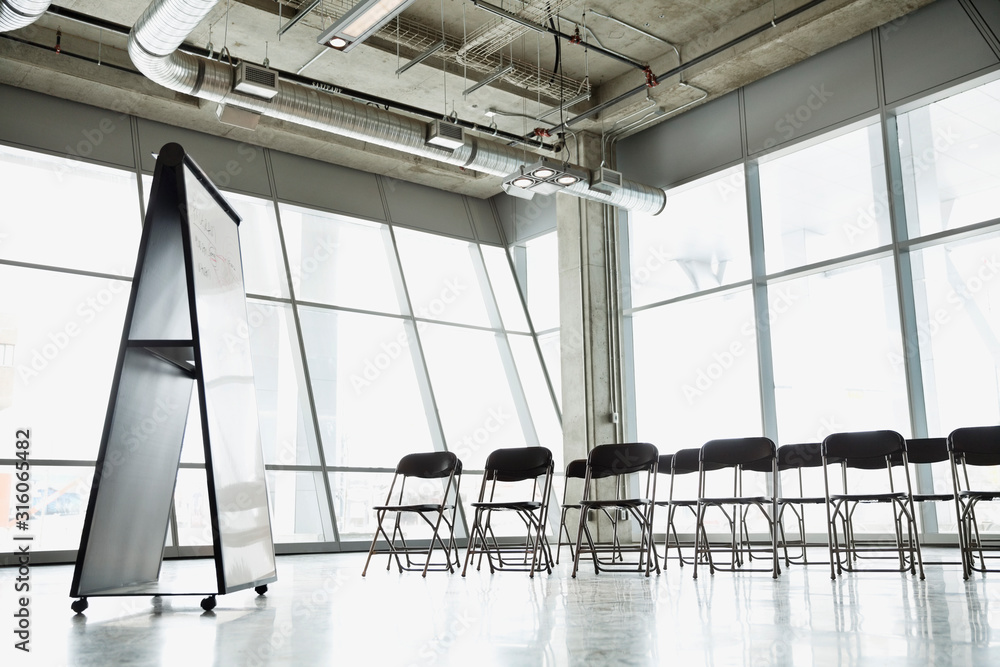 Interior of empty presentation room with chairs and white board Stock ...