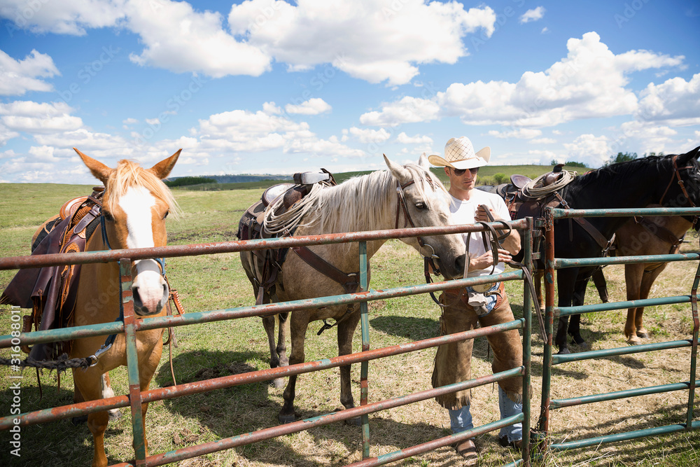 Cattle rancher tying horse to gate Stock Photo | Adobe Stock