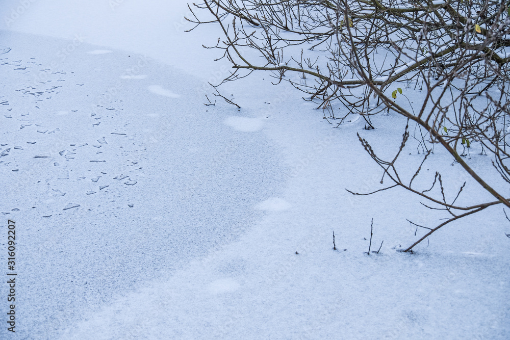 fresh snow fall on the frozen water surface in the pond with few ...