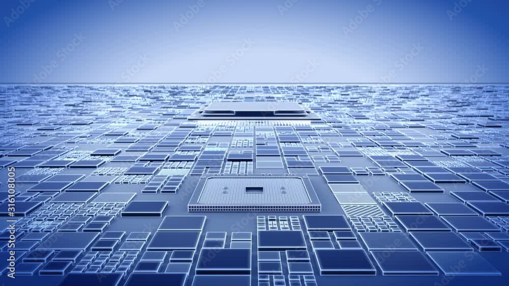 Installing CPU on Motherboard circuit with microchips, electric wave ...