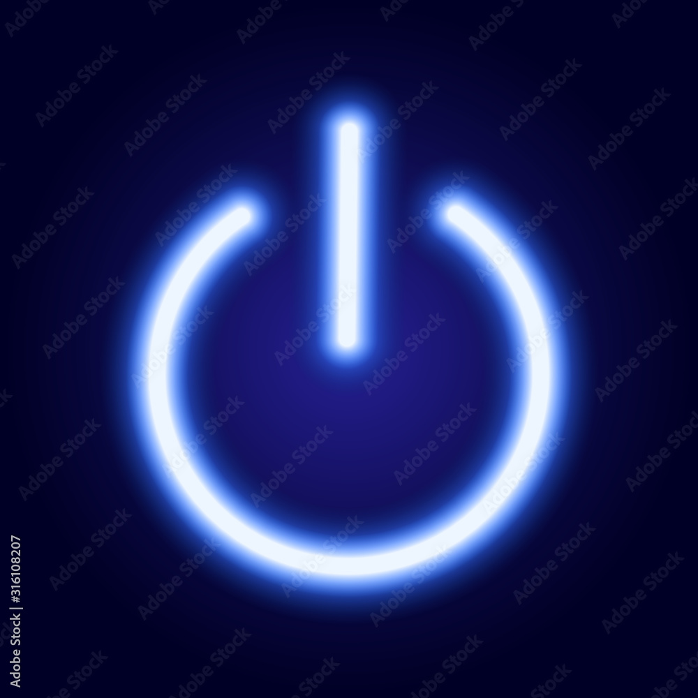 Power button icon from glowing blue neon luminescence lines on classic ...