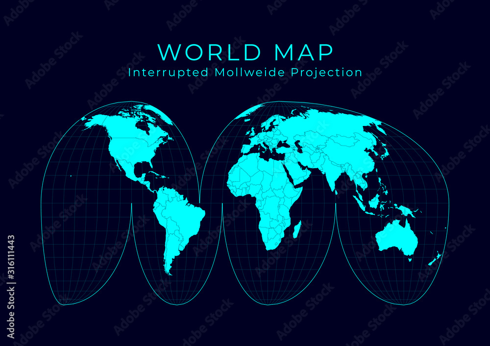 Map of The World. Goode's interrupted Mollweide projection. Futuristic ...