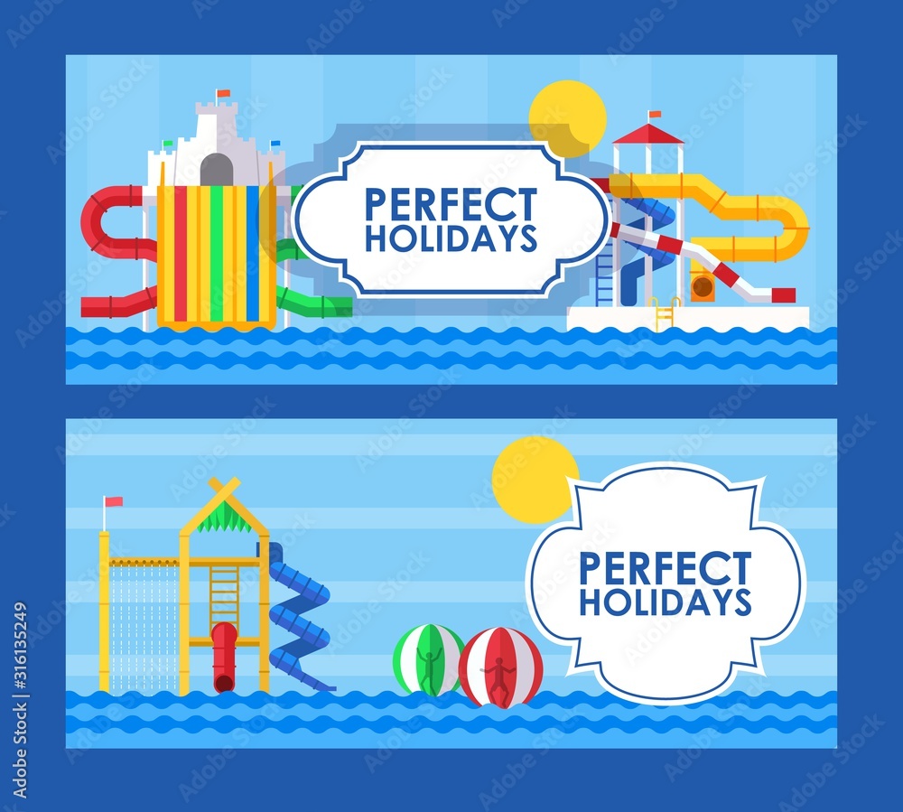 Water park banner in flat style, vector illustration. Perfect summer ...