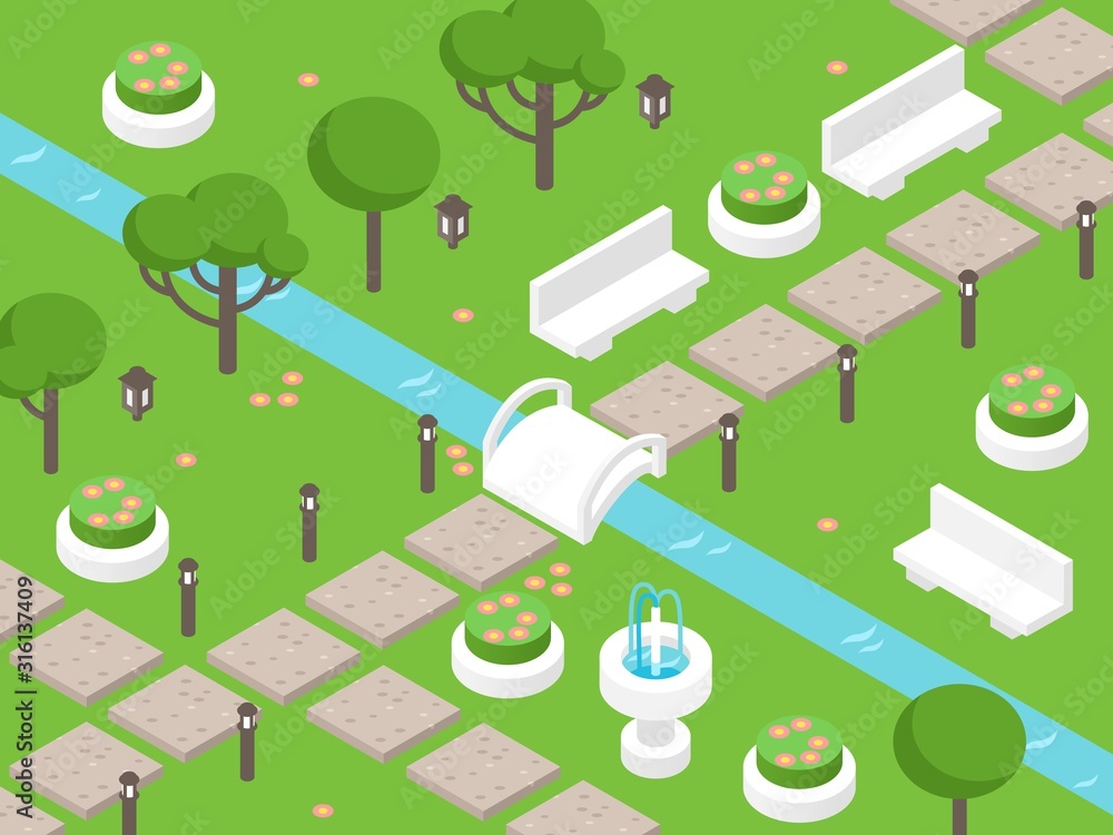 Isometric park scene, vector illustration. Garden elements for game or ...