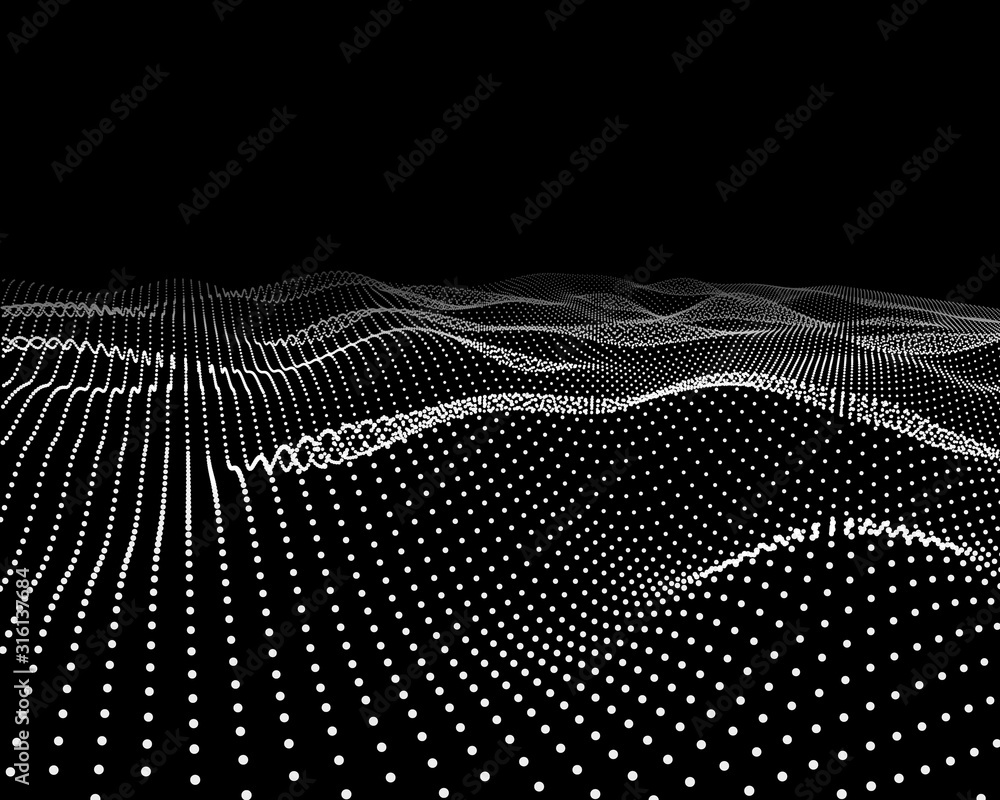 Abstract technology concept from white dots on black background ...