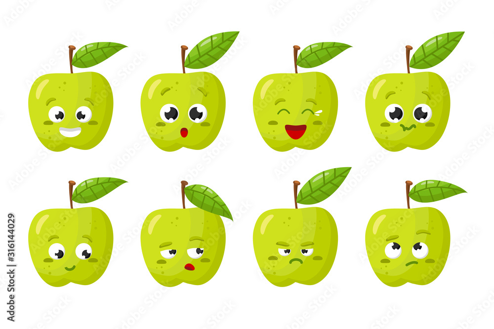 Apple fruit. Cute vector character set in various action emotions ...