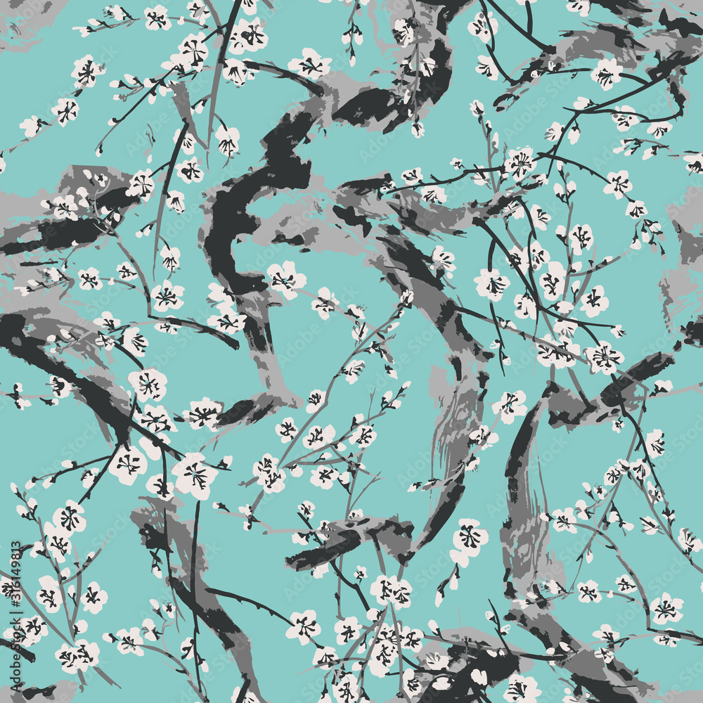 Vector Japanese sakura seamless pattern with white flowers on a blue ...