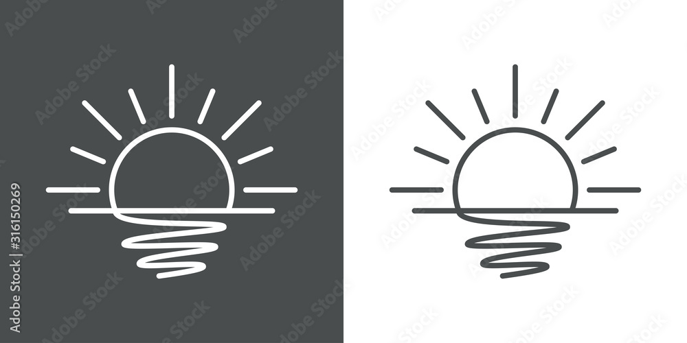 Icono plano lineal sol naciente con reflejo en el mar en fondo gris y ...