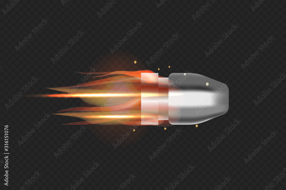 Realistic flying bullet with fire trace. 3D vector isolated on ...