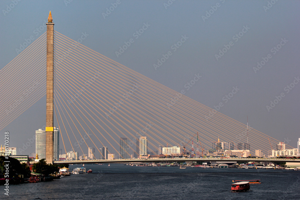 Rama VIII Bridge, a cable-stayed bridge over the Chao Phraya River in ...