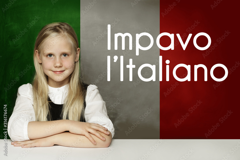 Thinking child girl student against the Italy flag background. Italian ...