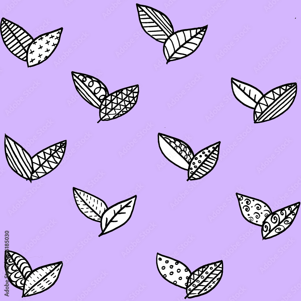 Different doodle leaves united by two on the purple background Stock ...