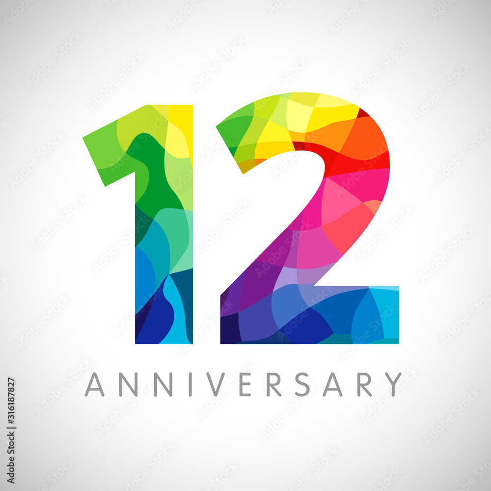 12 th anniversary numbers. 12 years old logotype. Bright congrats ...