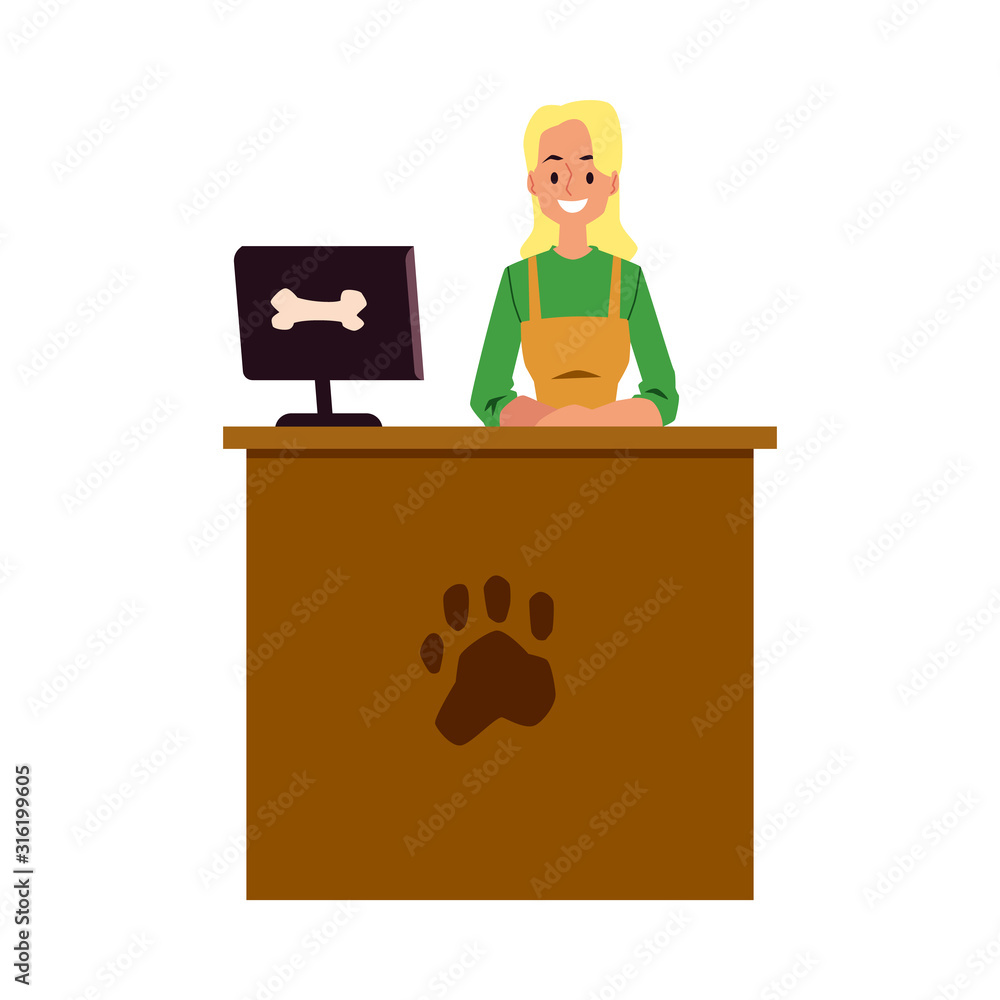 Pet shop cashier standing at cash register desk with paw print symbol ...
