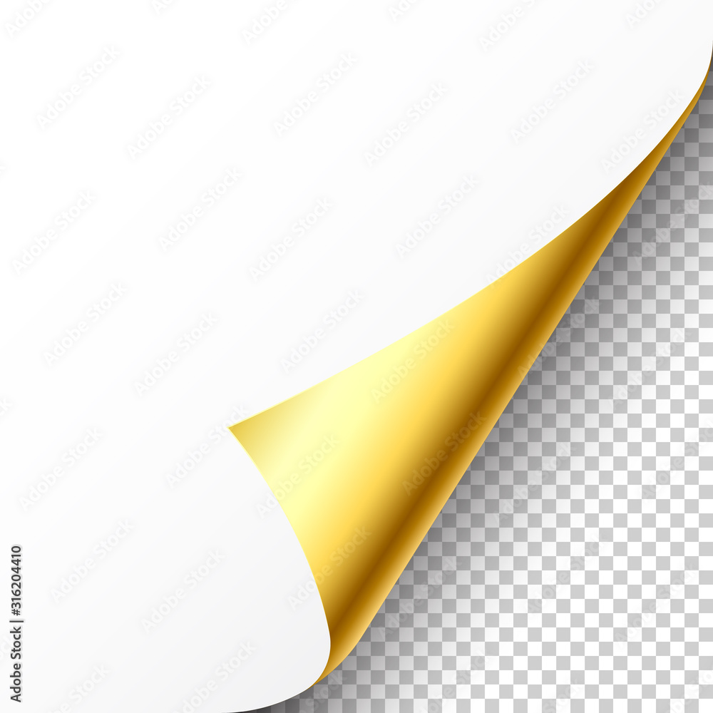 Realistic golden curled page corner with shadow on checkered background ...