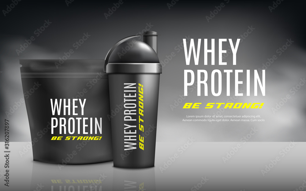 Whey protein advertising banner template 3d realistic vector ...