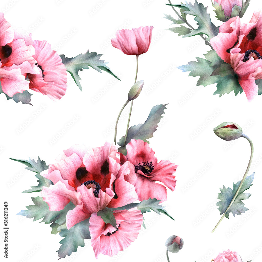 Picturesque seamless floral pattern depicting pink poppies arrangements ...