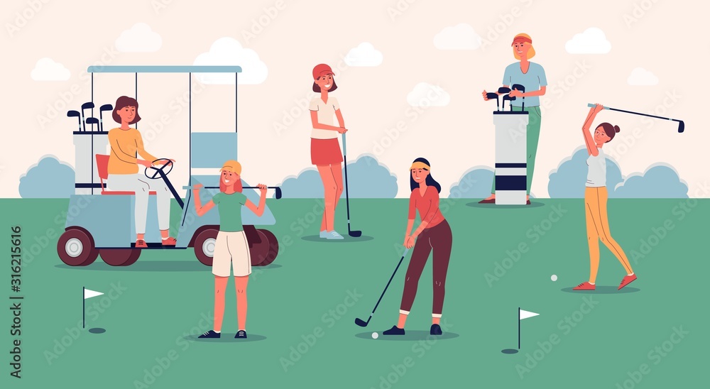 Female golf player team standing on green course with golfing equipment ...