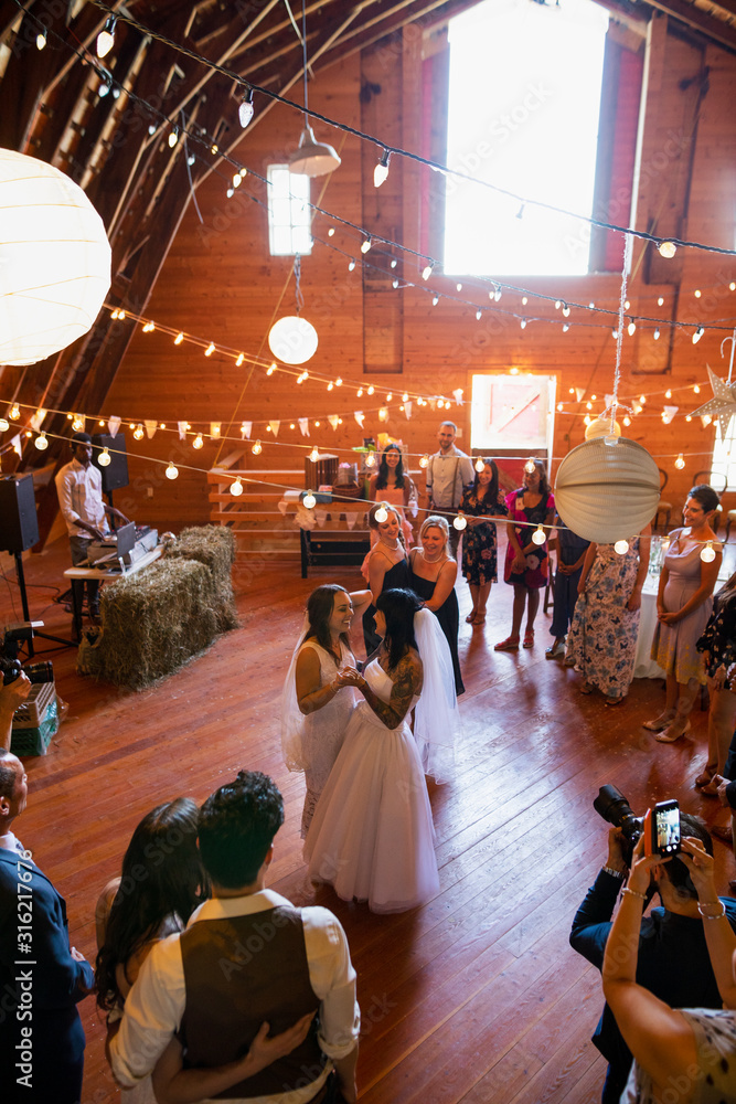 Wedding guests watching lesbian brides dancing at wedding reception in ...